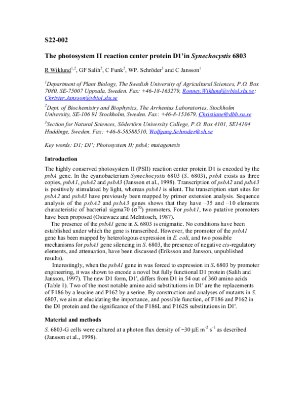 (PDF) The photosystem II reaction center protein D1¿in Synechocystis 6803