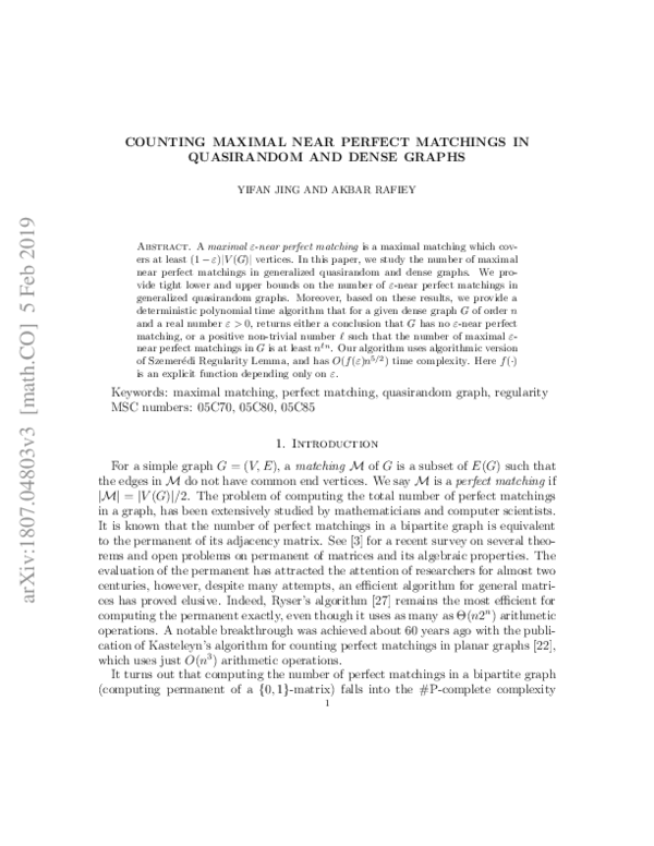 (PDF) Counting maximal near perfect matchings in quasirandom and dense ...
