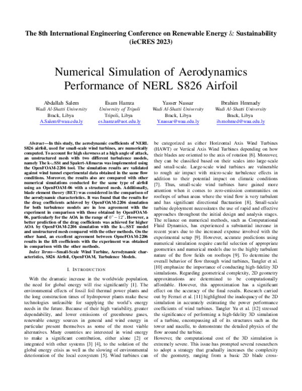 (PDF) Numerical Simulation of Aerodynamics Performance of NERL S826 Airfoil