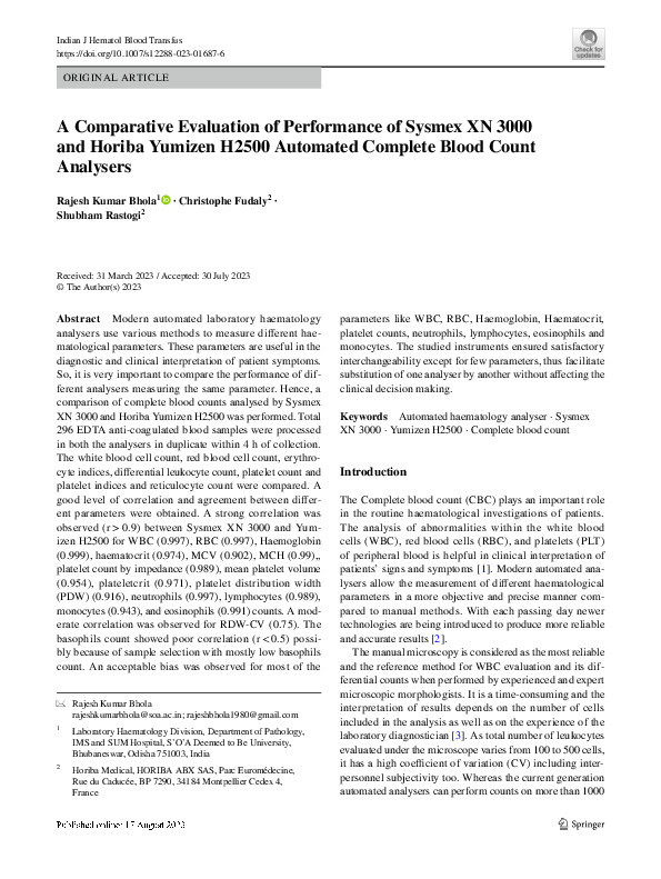 (PDF) A Comparative Evaluation of Performance of Sysmex XN 3000 and ...