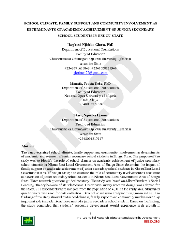 (PDF) SCHOOL CLIMATE, FAMILY SUPPORT AND COMMUNITY INVOLVEMENT AS DETERMINANTS OF ACADEMIC ...