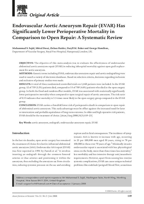(PDF) Endovascular Aortic Aneurysm Repair (EVAR) Has Significantly ...