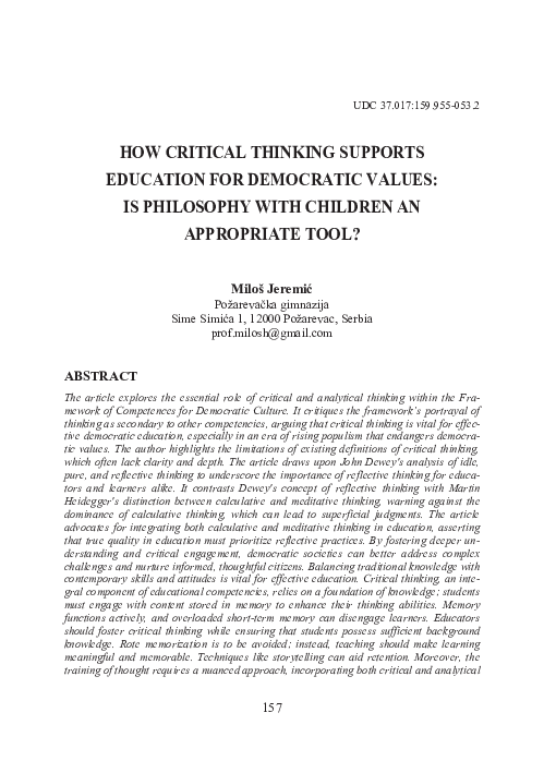 (PDF) HOW CRITICAL THINKING SUPPORTS EDUCATION FOR DEMOCRATIC VALUES ...