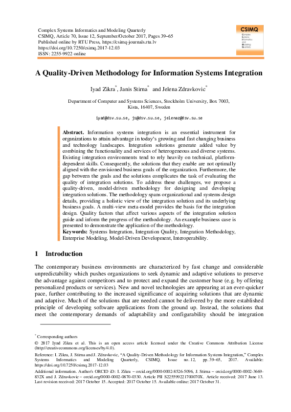 (PDF) A Quality-Driven Methodology for Information Systems Integration