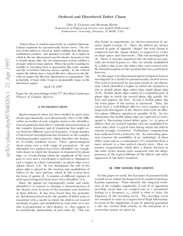 Pdf Ordered And Disordered Defect Chaos