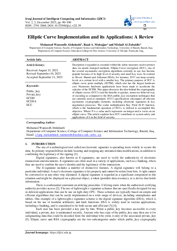 (PDF) Elliptic Curve Implementation and its Applications: A Review