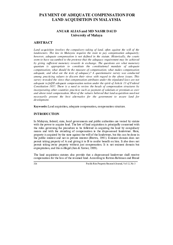 (PDF) Payment of Adequate Compensation for Land Acquisition in Malaysia