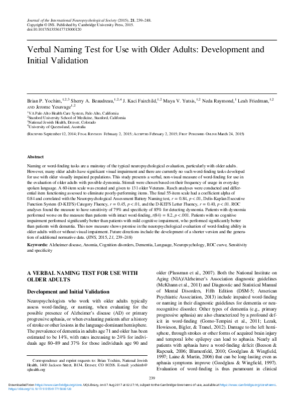 (PDF) Verbal Naming Test for Use with Older Adults: Development and ...