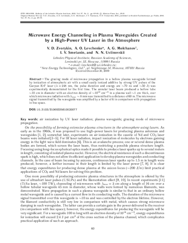 (PDF) Microwave energy channeling in plasma waveguides created by a high-power UV laser in the ...