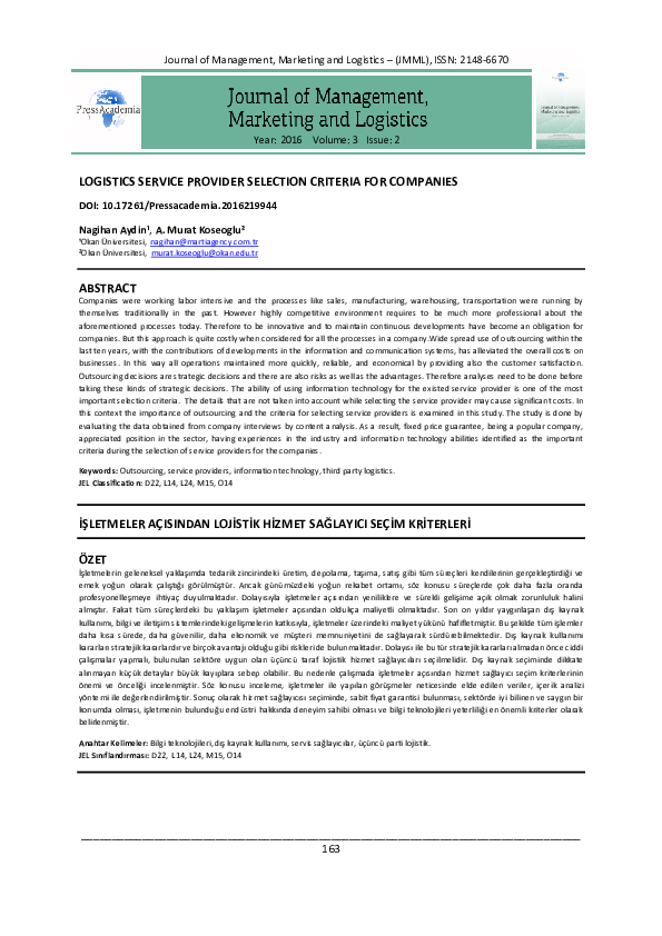 (PDF) Logistics Service Provider Selection Criteria for Companies