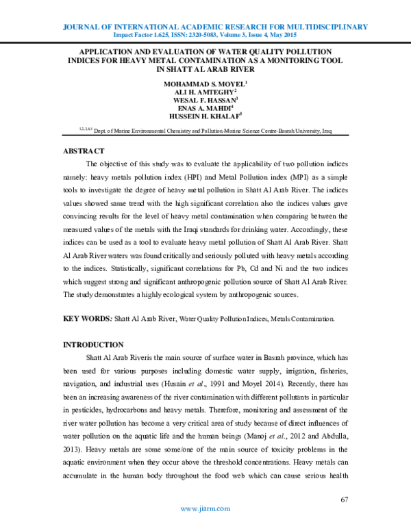 (PDF) Application and Evaluation of Water Quality Pollution Indices for ...