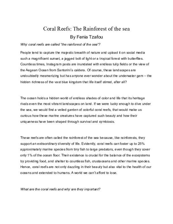 (PDF) Coral Reefs: The Rainforest of the sea