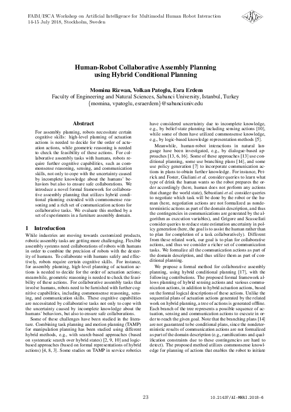 Pdf Human Robot Collaborative Assembly Planning Using Hybrid 1711