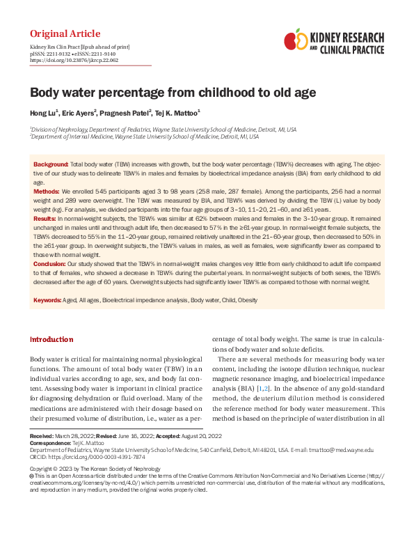 (PDF) Body water percentage from childhood to old age