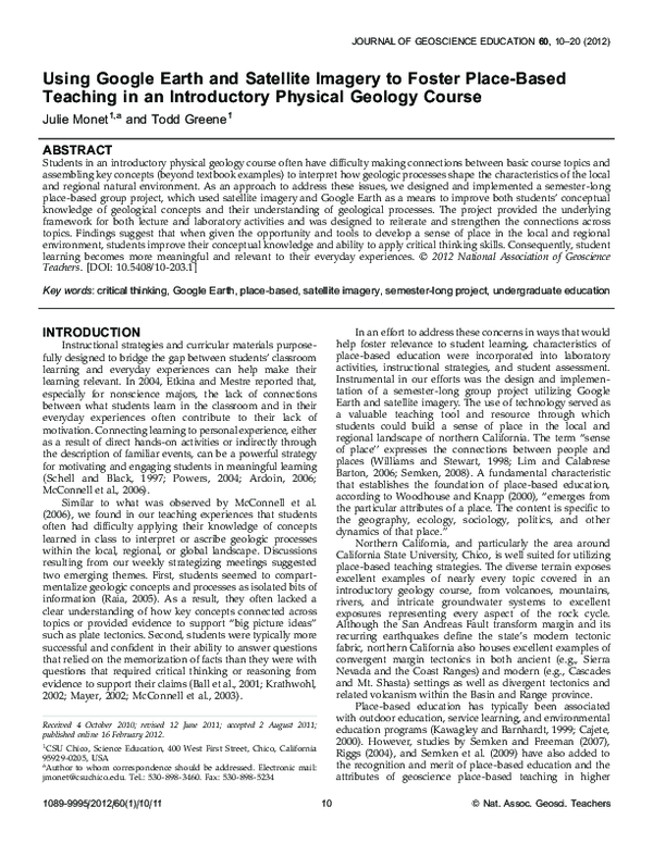 (PDF) Using Google Earth and Satellite Imagery to Foster Place-Based Teaching in an Introductory ...