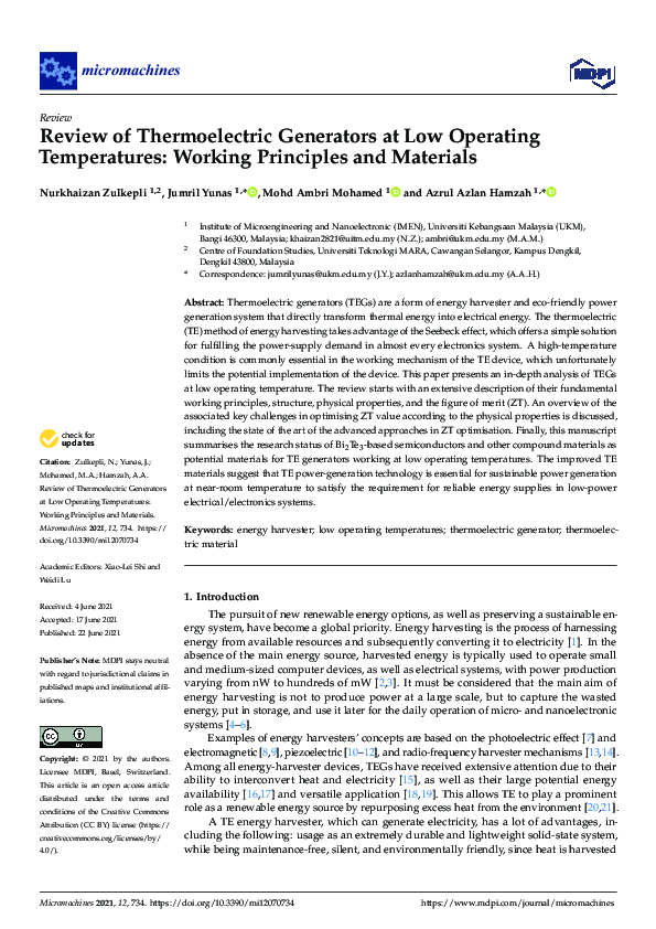 (PDF) Review of Thermoelectric Generators at Low Operating Temperatures ...
