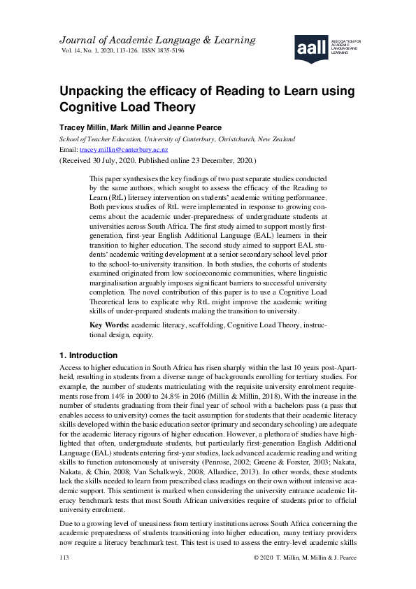 (PDF) Unpacking the efficacy of Reading to Learn using Cognitive Load ...