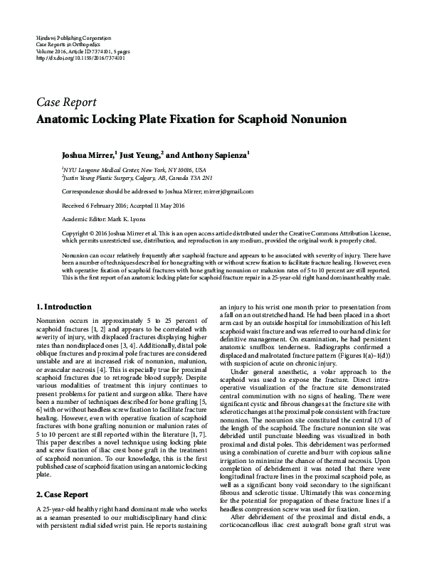 (PDF) Anatomic Locking Plate Fixation for Scaphoid Nonunion