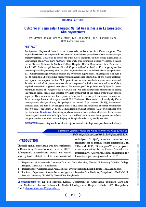 (PDF) Outcome of Segmental Thoracic Spinal Anaesthesia in Laparoscopic ...