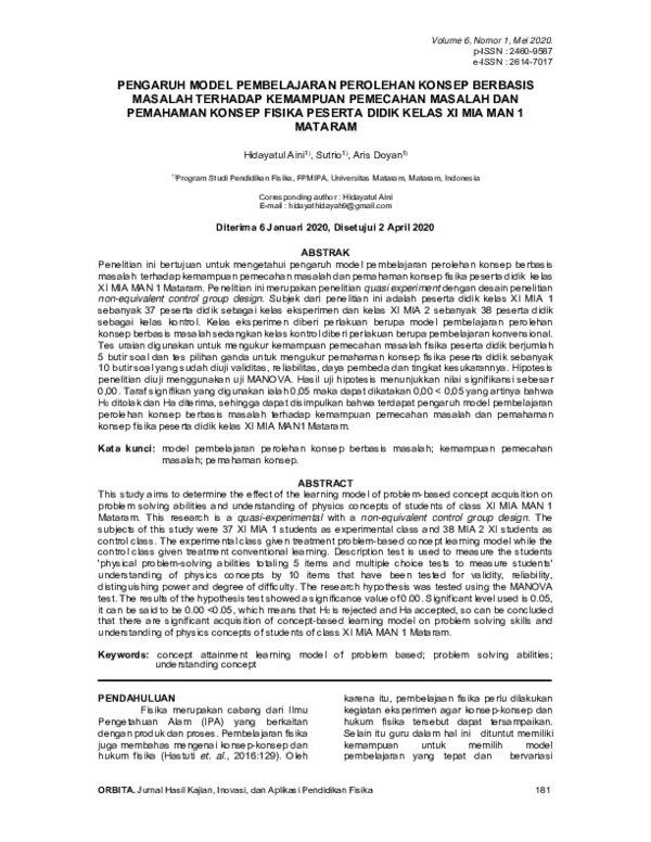 (PDF) Pengaruh Model Pembelajaran Perolehan Konsep Berbasis Masalah ...