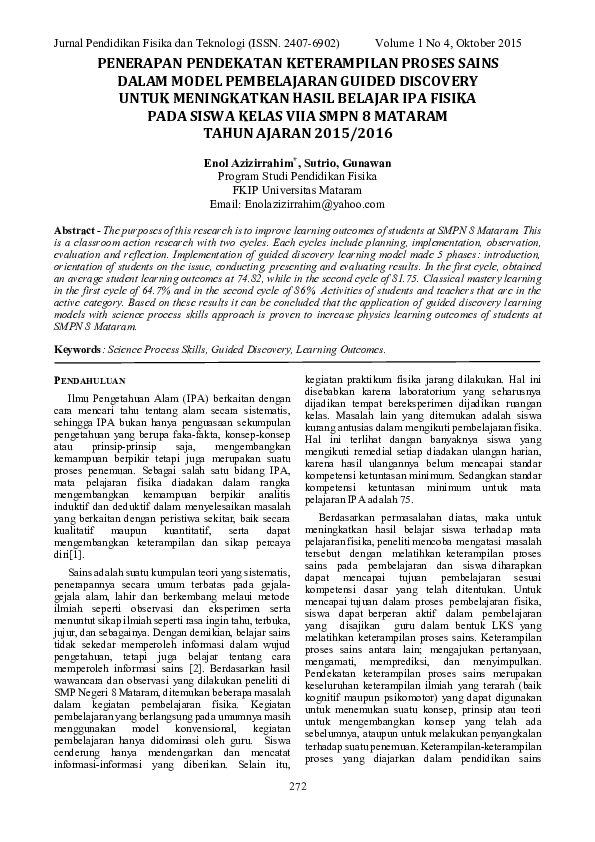 (PDF) Penerapan Pendekatan Keterampilan Proses Sains dalam Model Pembelajaran Guided Discovery ...