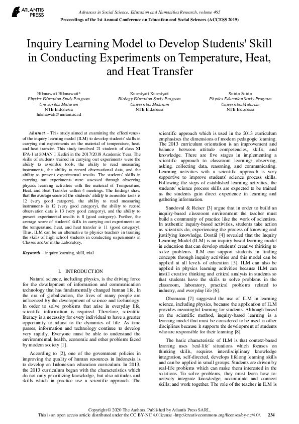 (PDF) Inquiry Learning Model to Develop Students’ Skill in Conducting Experiments on Temperature ...
