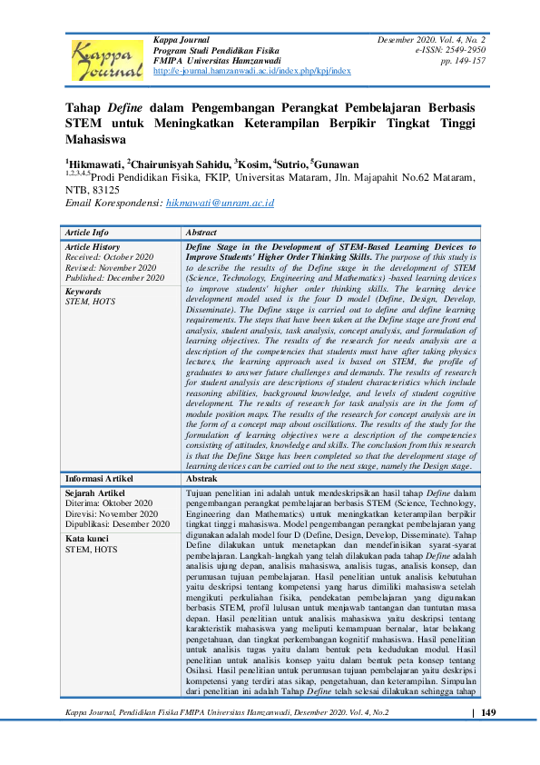(PDF) Tahap Define dalam Pengembangan Perangkat Pembelajaran Berbasis STEM untuk Meningkatkan ...