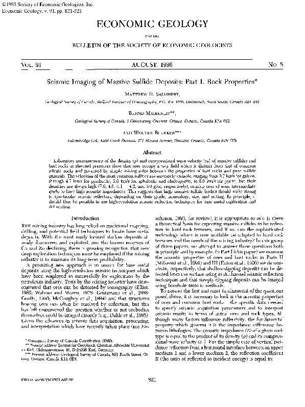 (PDF) Seismic imaging of massive sulfide deposits; Part I, Rock properties