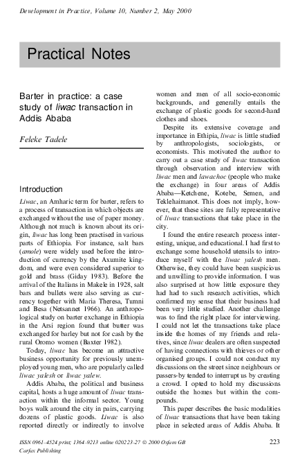 (PDF) Barter in practice: A case study of liwac transaction in Addis Ababa