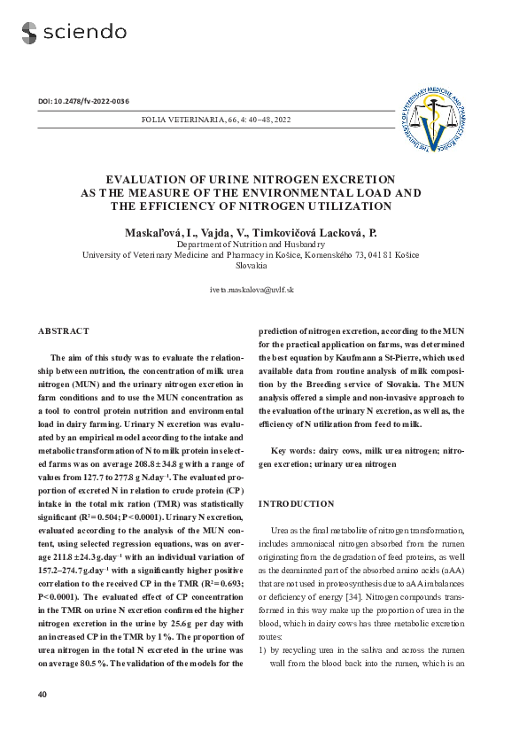 (PDF) Evaluation of Urine Nitrogen Excretion as the Measure of the ...