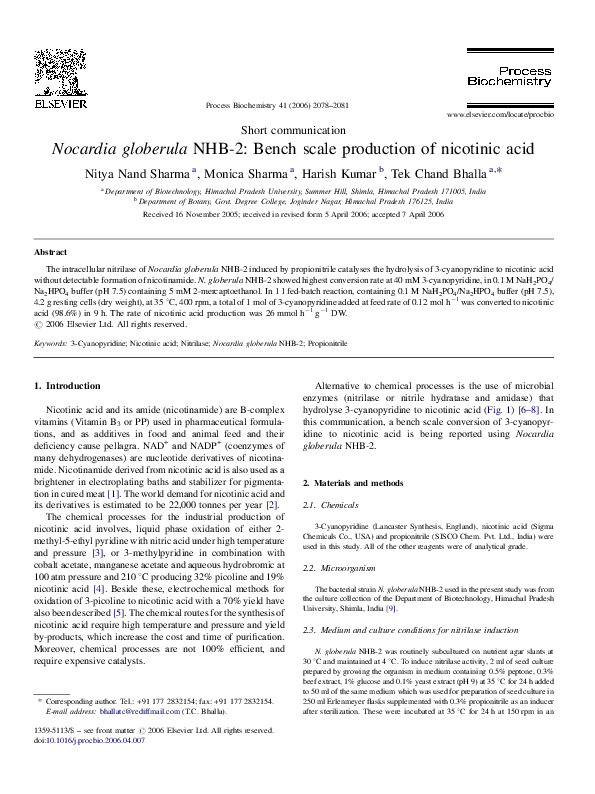 (PDF) Nocardia globerula NHB-2: Bench scale production of nicotinic acid