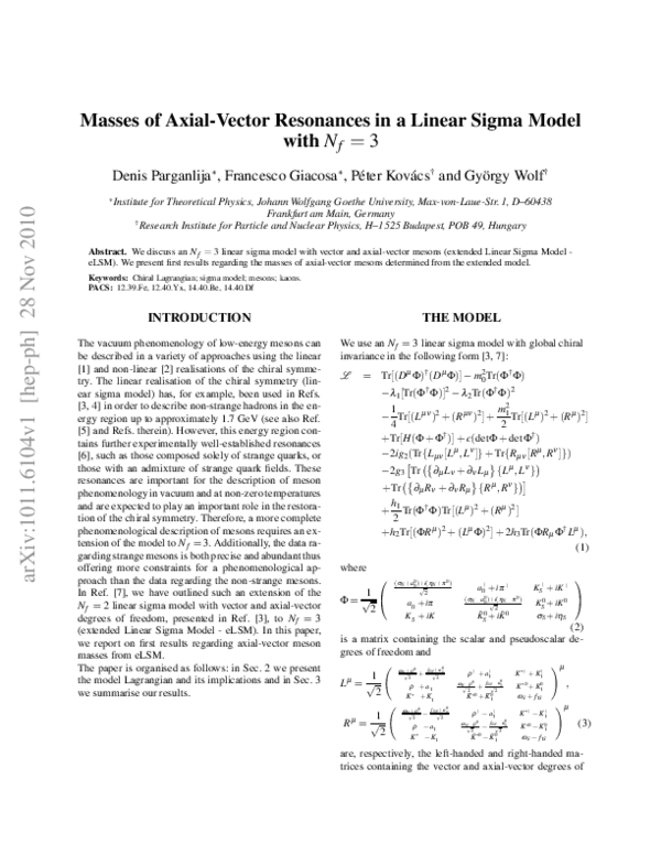 (PDF) Masses of Axial-Vector Resonances in a Linear Sigma Model with N ...