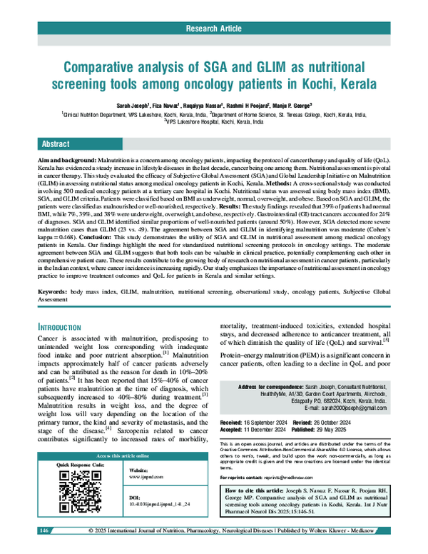(PDF) Comparative analysis of SGA and GLIM as nutritional screening ...