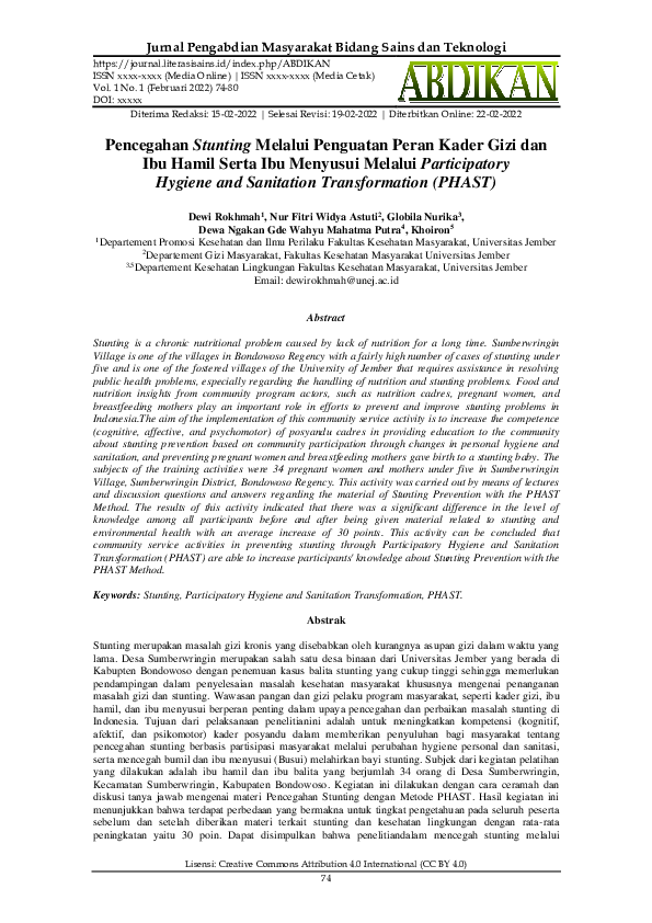 (PDF) Pencegahan Stunting Melalui Penguatan Peran Kader Gizi dan Ibu Hamil Serta Ibu Menyusui ...