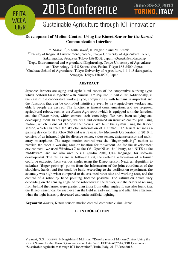 (PDF) Development of Motion Control Using Kinect Sensor as Kansei Communication Interface