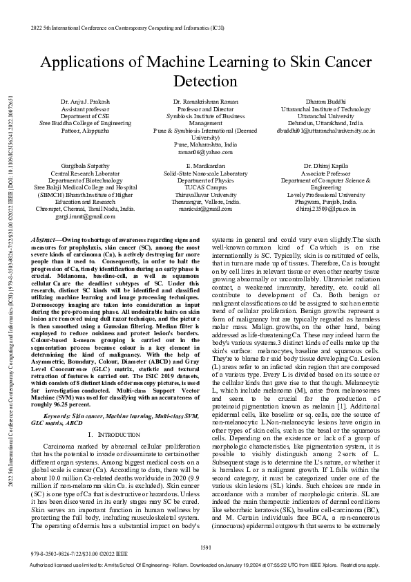 (PDF) Applications of Machine Learning to Skin Cancer Detection