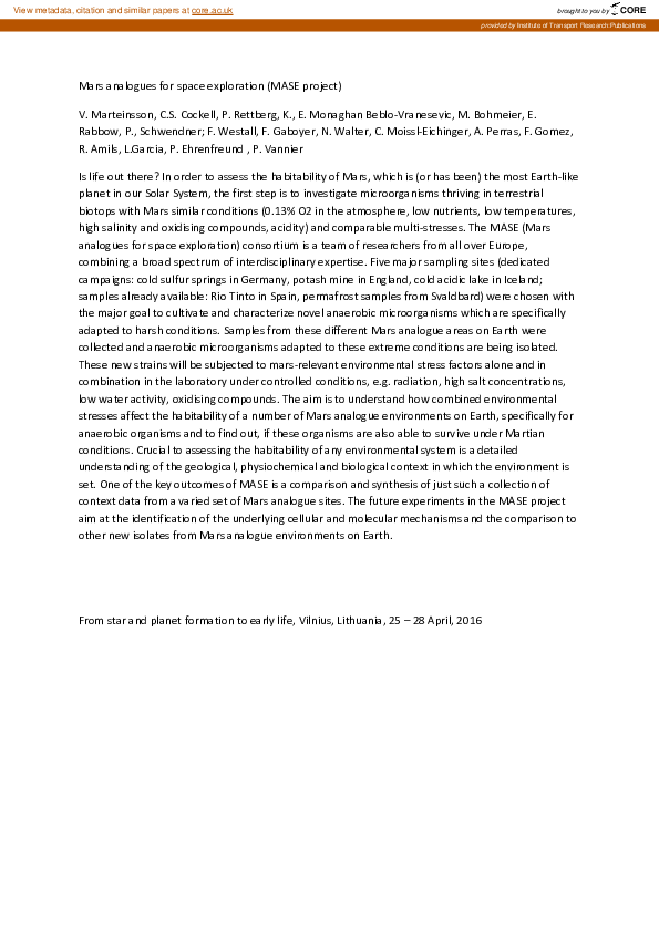 (PDF) Mars analogues for space exploration (MASE project)