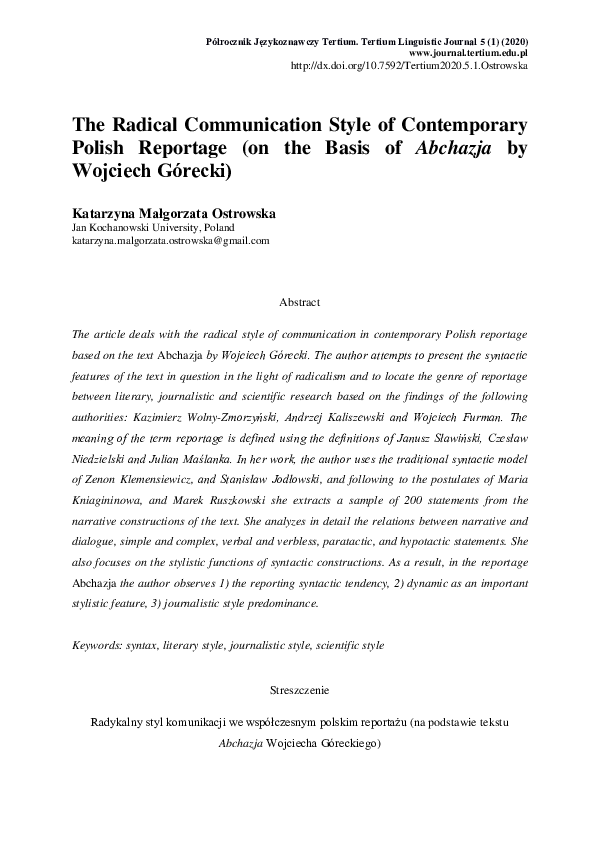 (PDF) Radical Communication Style of Contemporary Polish Reportage (on ...