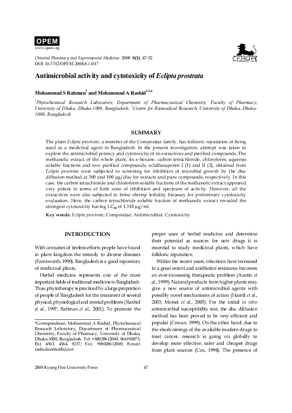 (PDF) Antimicrobial activity and cytotoxicity of Eclipta prostrata
