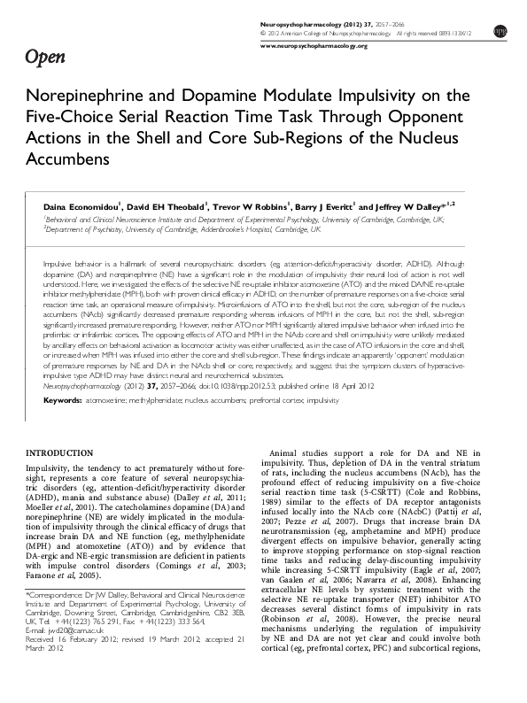 (PDF) Norepinephrine and Dopamine Modulate Impulsivity on the Five ...