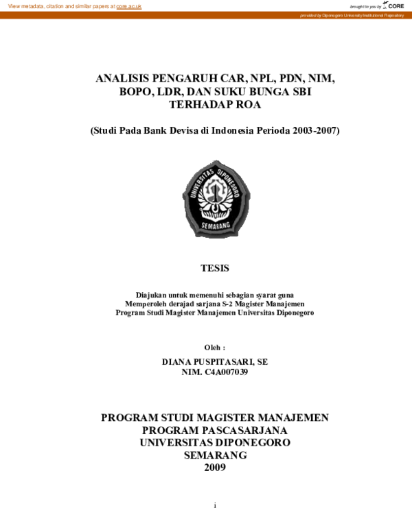 (PDF) ANALISIS PENGARUH CAR, NPL, PDN, NIM, BOPO, LDR, DAN SUKU BUNGA SBI TERHADAP ROA (Studi ...