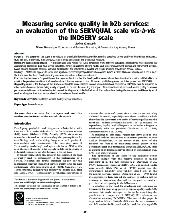 (PDF) Measuring service quality in b2b services: an evaluation of the SERVQUAL scalevis‐à‐visthe ...