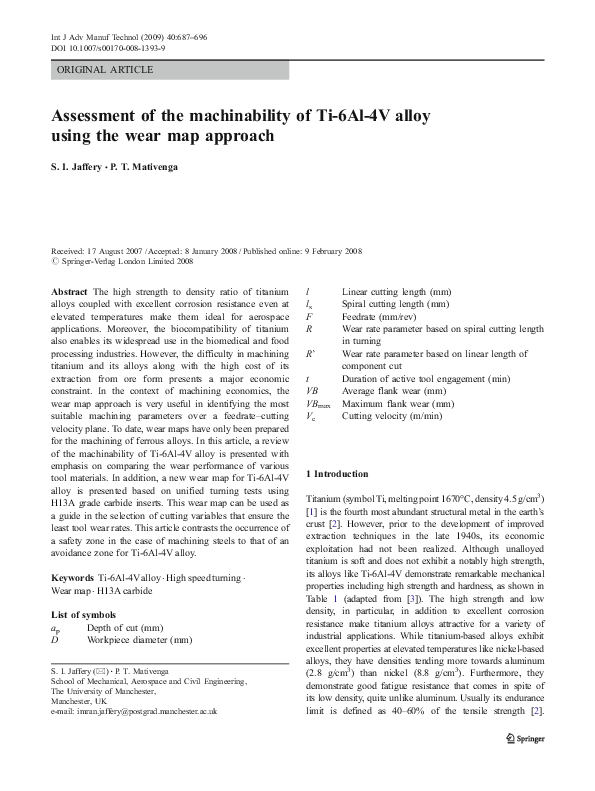 (PDF) Assessment of the machinability of Ti-6Al-4V alloy using the wear map approach