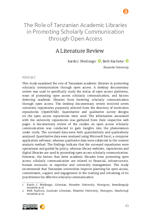 (PDF) The Role of Tanzanian Academic Libraries in Promoting Scholarly Communication through Open ...