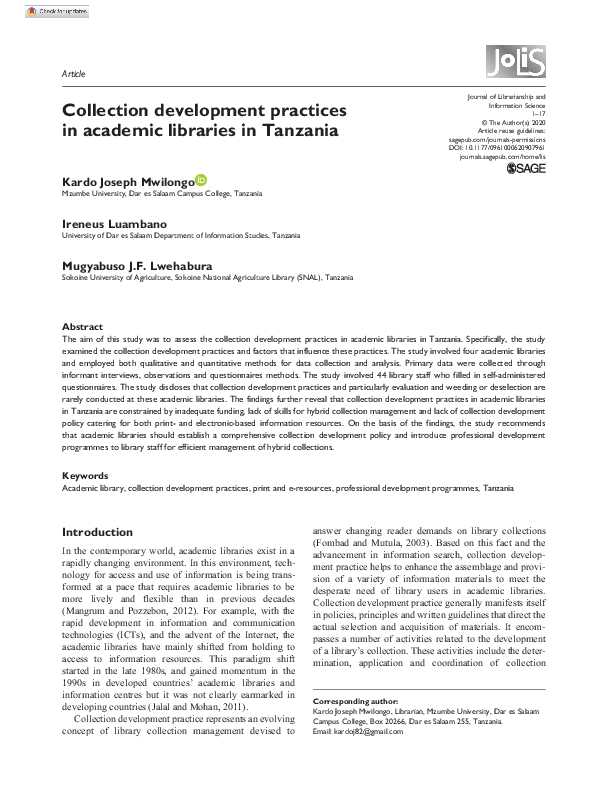 (PDF) Collection development practices in academic libraries in Tanzania