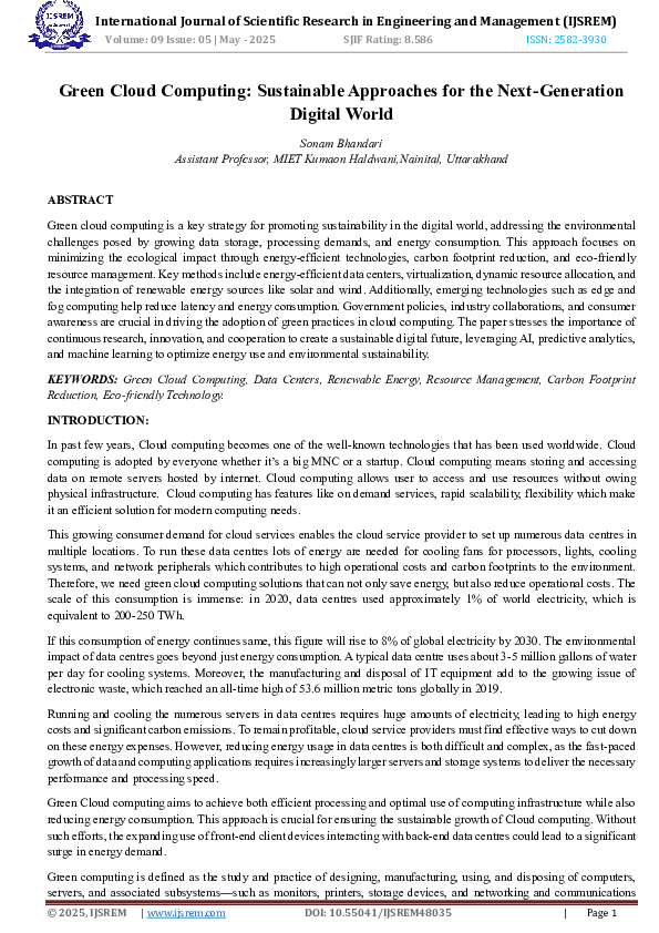 (PDF) Green Cloud Computing: Sustainable Approaches for the Next-Generation Digital World