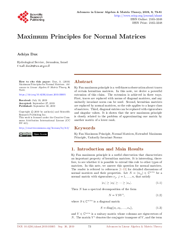 (PDF) Maximum Principles for Normal Matrices