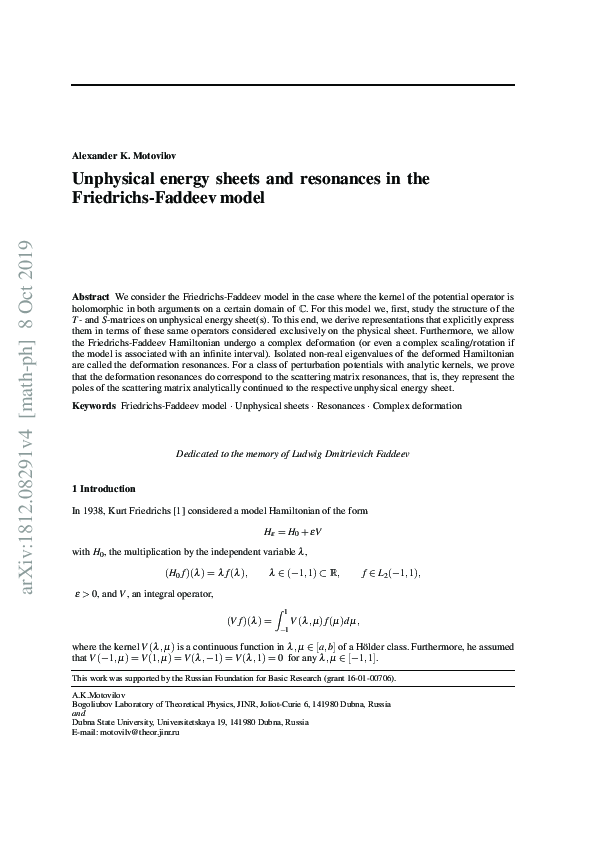 (PDF) Unphysical Energy Sheets and Resonances in the Friedrichs–Faddeev ...