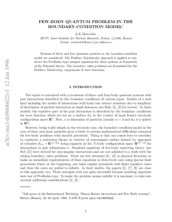 (PDF) Few-Body Quantum Problem in the Boundary-Condition Model