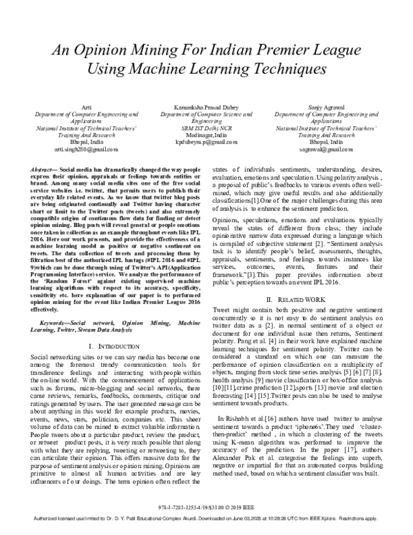 (PDF) An Opinion Mining For Indian Premier League Using Machine Learning Techniques